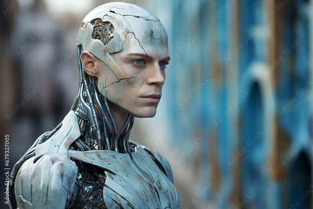 Humanoid robot closeup werewolf blue urban portrait, Industry, smart ...