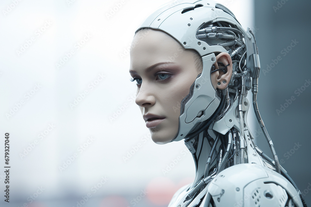Humanoid robot woman werewolf closeup urban light portrait, Industry ...