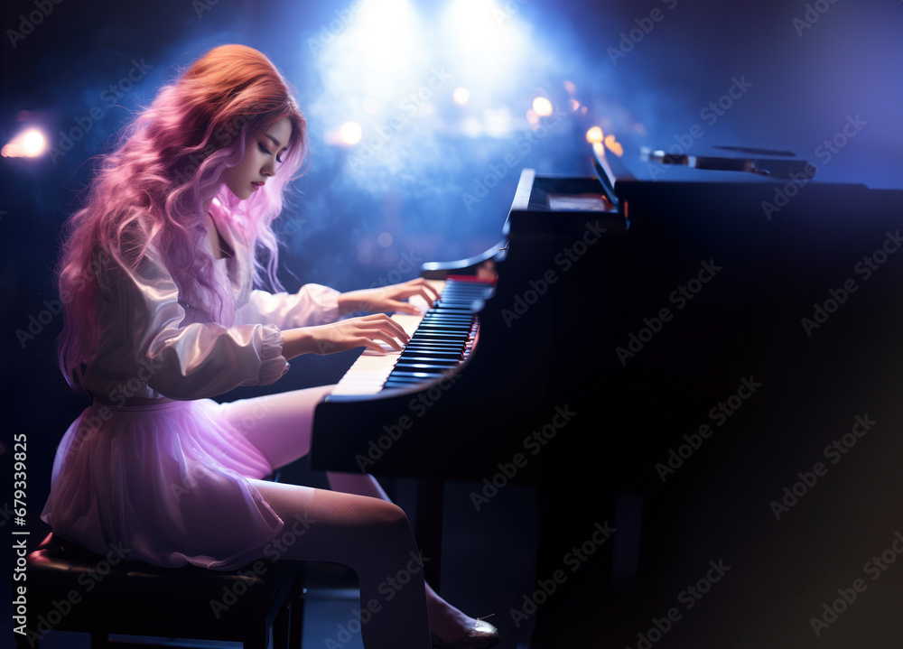 Korean K-pop female pianist performing music on live stage in retro ...