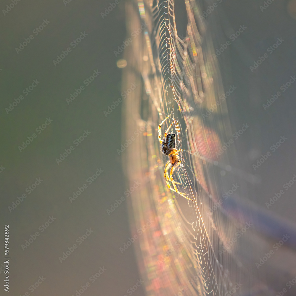 Spider on the rainbow web. Furrow spider. Orbicular Web Spiders. Family ...