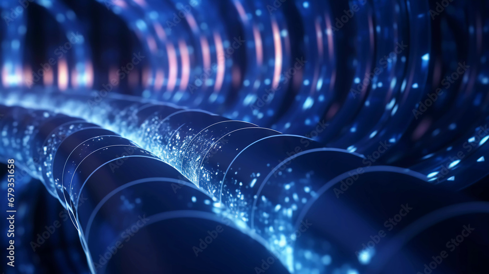 3D Rendering of abstract wire cable tunnel with digital binary data transmitting. Depth of field ...