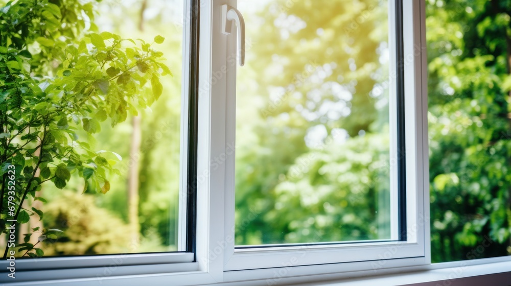Freshly installed plastic PVC window with a white metal frame in a ...