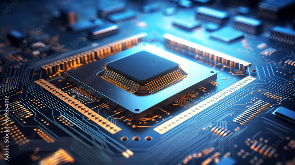 Computing processor, CPU, microchip and electronic circuit board. Advanced technology conceptual ...