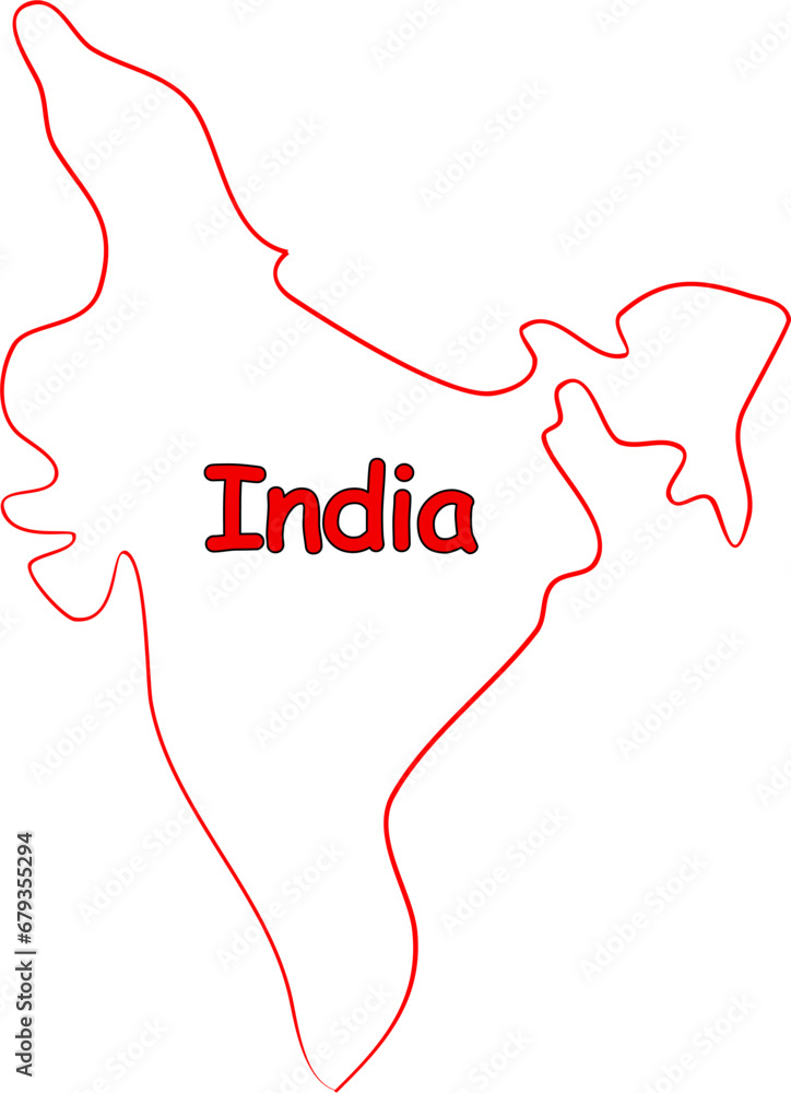 India map, vector. Red country outline, modern illustration sketch new ...