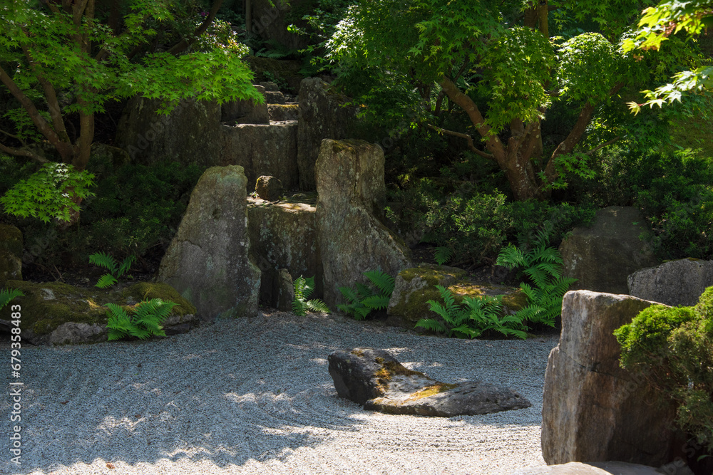 Japanese garden in summer landscape park. Traditional Buddhist rock ...