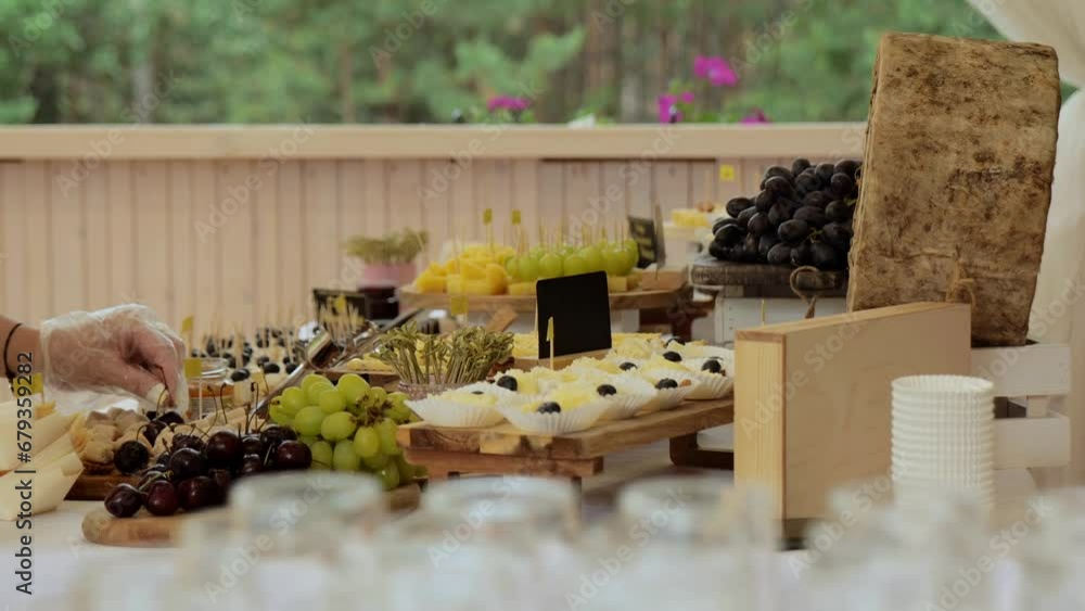 Cheese tasting. Table with hard cheeses Camembert, Brie, Parmesan ...