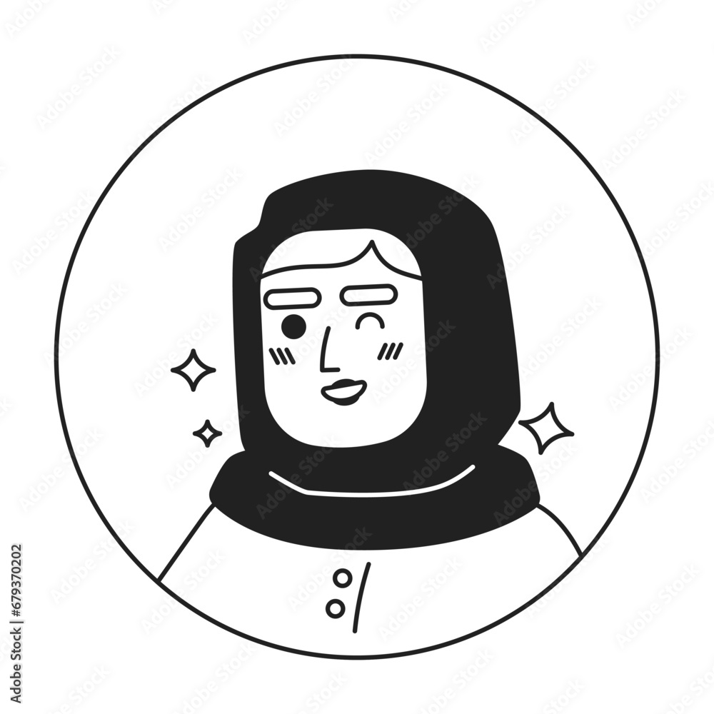 Muslim old lady winking expression black and white 2D vector avatar ...
