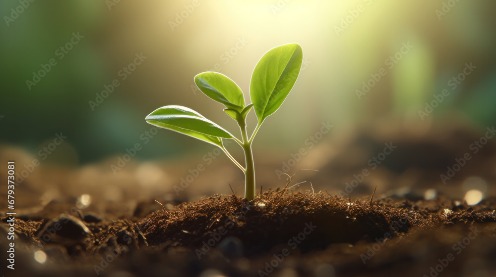 Seedling emerging from rich soil at sunrise, symbolizing new life and ...