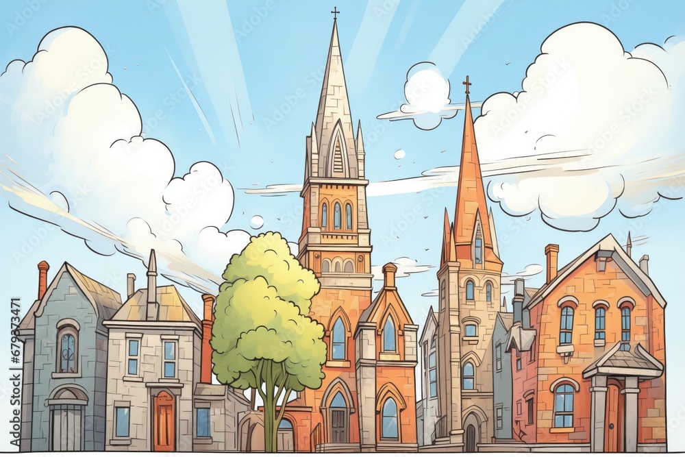 steep rooflines, towers and turrets of a gothic revival building ...