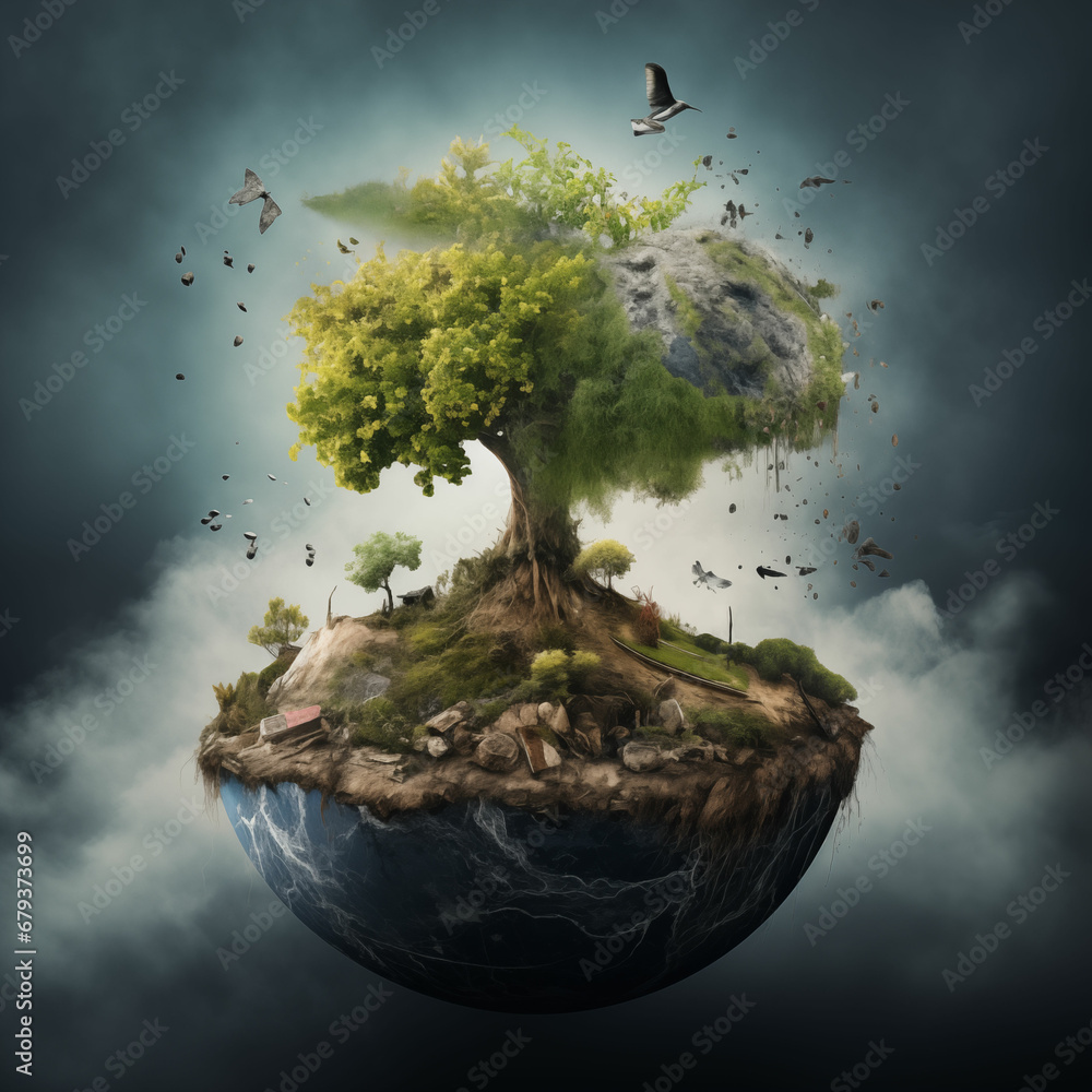 Planet earth with trees and planting trees to save our planet earth ...