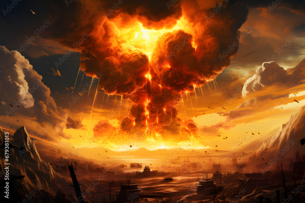 A nuclear explosion, a disaster landscape with a flash of light, a ...