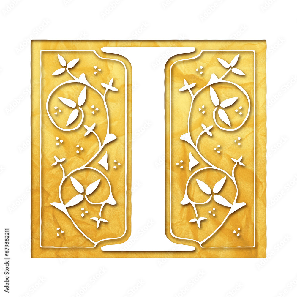 Ornamental letter I drop cap initial with isolated paper cutout effect ...