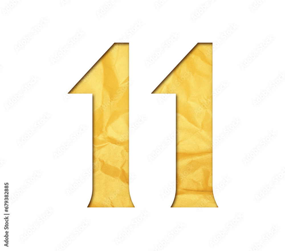 Number 11 with isolated paper cutout effect revealing gold crumpled ...