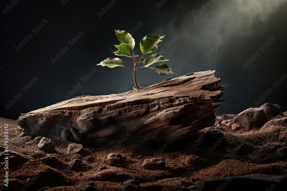 A young sapling sprouting from the remains of an ancient tree stump ...