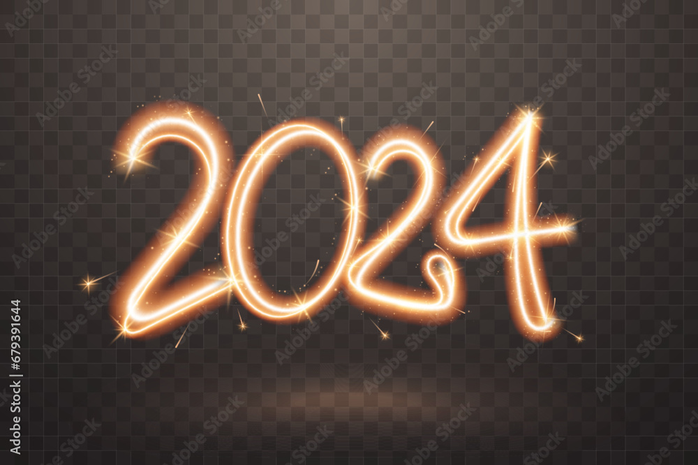 2024 sparkler sign. Firework trail with glow flare effect isolated on ...