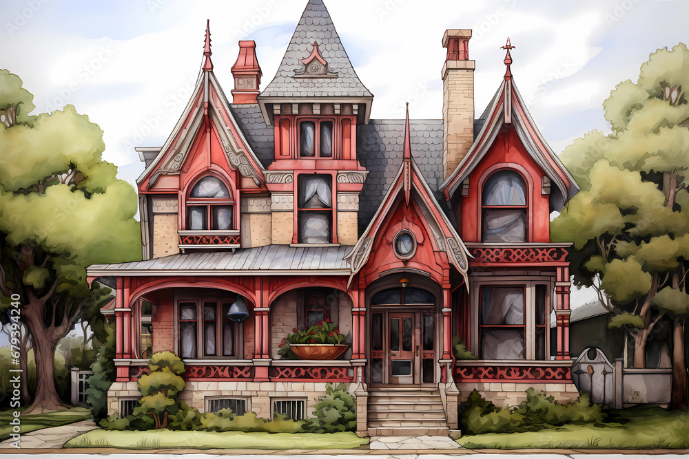Carpenter Gothic Style House (Cartoon Colored Pencil) - United States ...