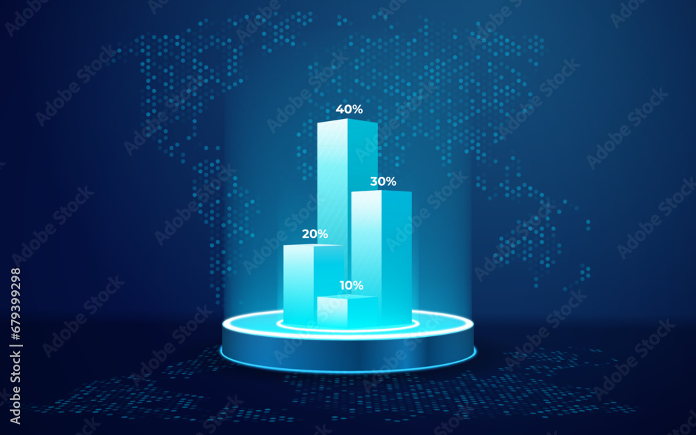 3D digital growth chart bar hologram with percentage on neon light blue ...