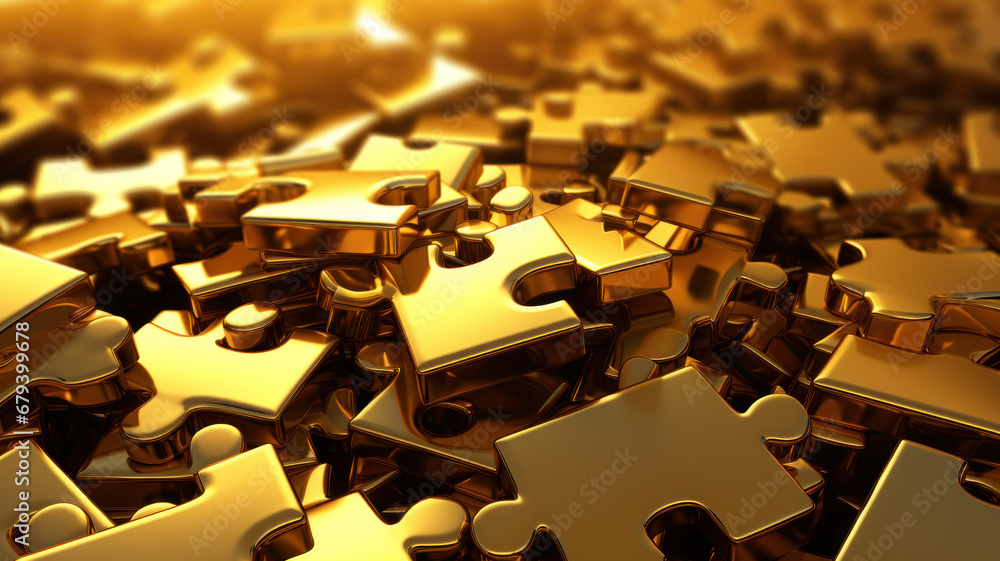 Gold puzzle pile background, stack of shiny metal pieces, pattern of ...