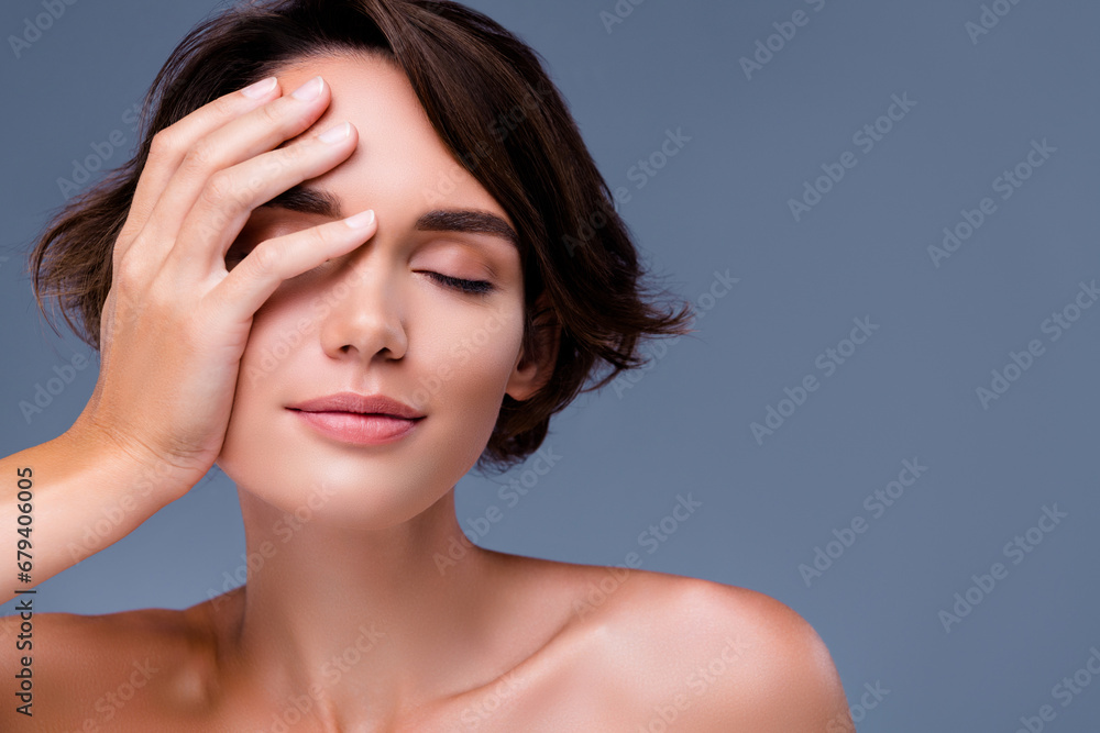 Photo of sweet stunning lady touch face dream silky soft skin after ...