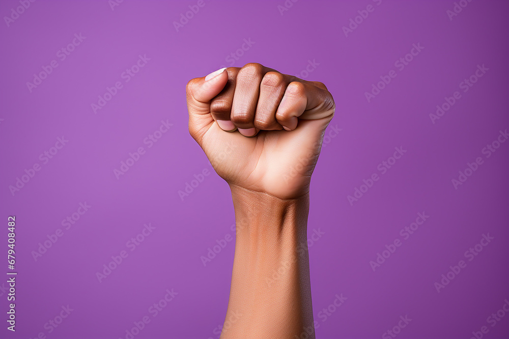Woman's Fist on purple backgroundA symbol of the feminist movement ...