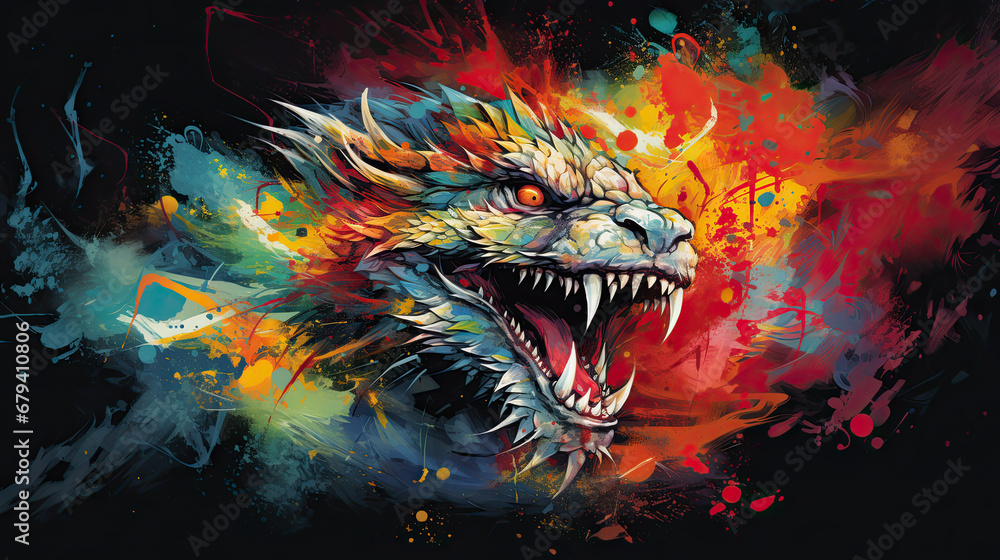 Colorful Asian dragon, aerosol paint technique Stock Illustration ...