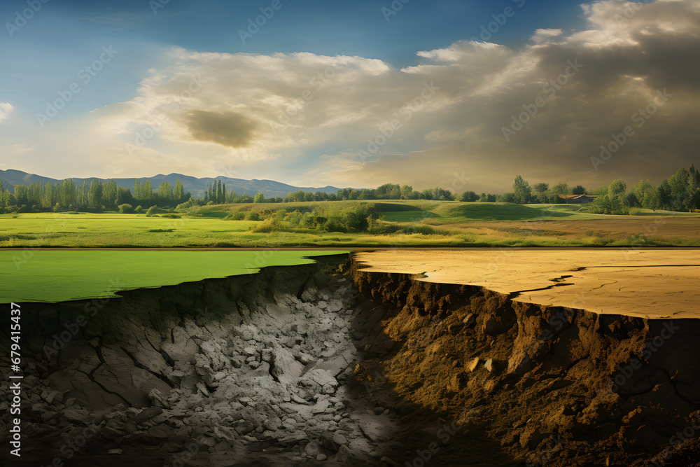 Split view of landscape half green and lush and half bare and dried ...