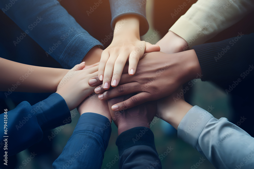 Working together concept with hands united together in the air Stock ...