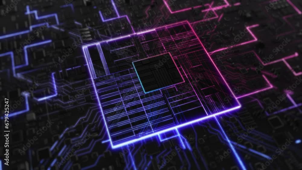 Animation of Circuit Board CPU Processor Starting Digitalization Process and Information ...