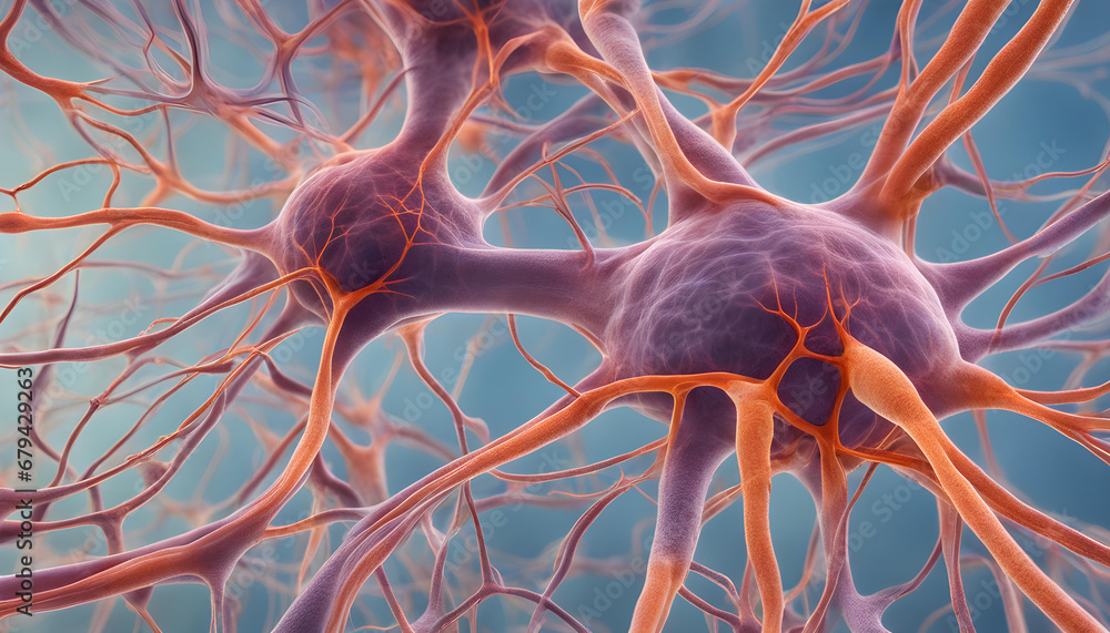 Microscopic view of 3D neurones within the brain, showing semi ...