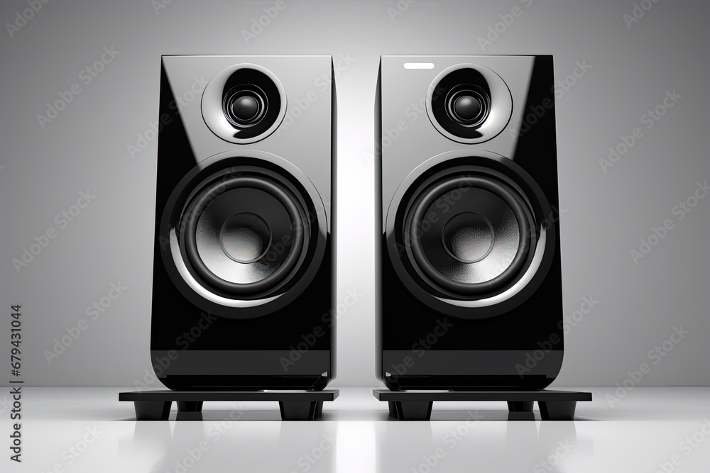 Reflective audio technics with black glossy music speakers on light ...