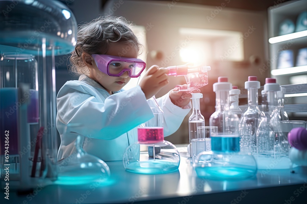 Adorable toddler exploring science in a laboratory setting, a perfect ...