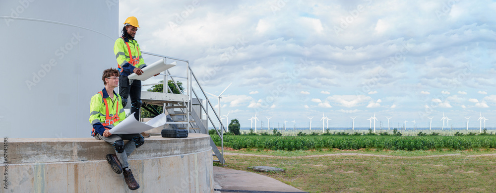 Technician engineer worker builders looking for wind turbine blueprint ...