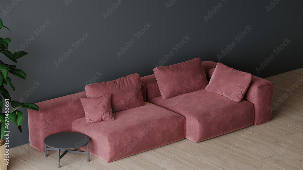 Livingroom scene with a dark dusty brown mauve velor sofa and gray deep ...