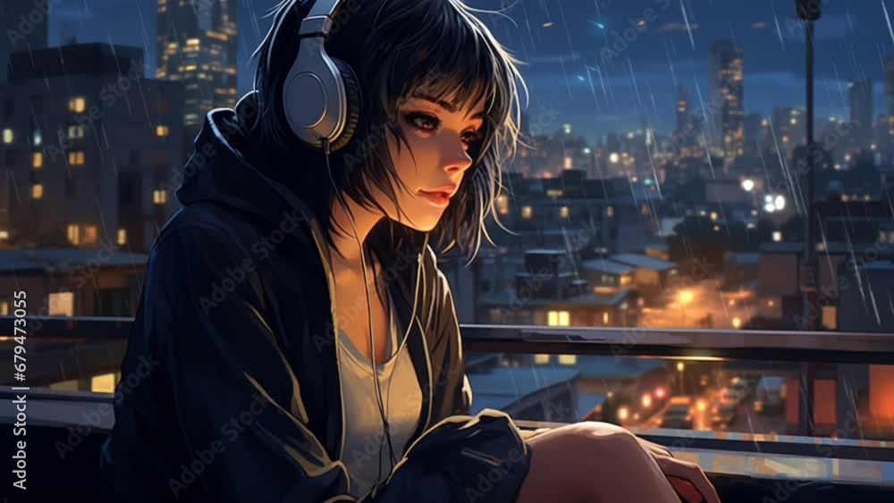 Anime girl sitting alone in a room with city night lights in the ...