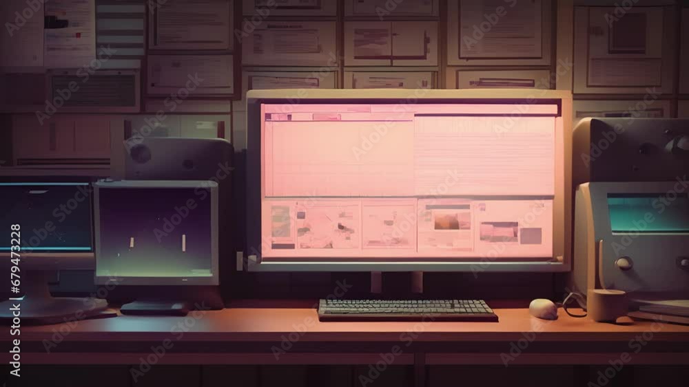 A 90s style office with an old style monitor with a rounded corner ...