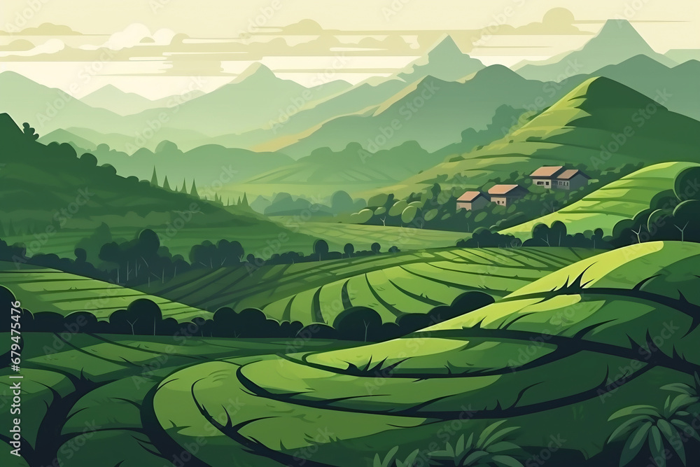 Green tea plantation landscape vector illustration. Cartoon flat rural ...