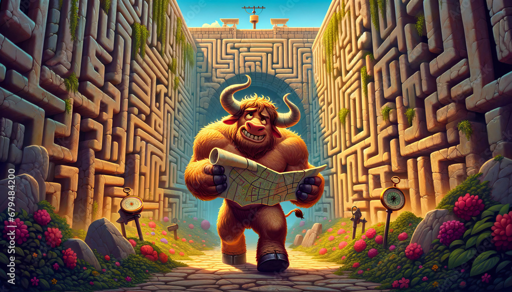 A whimsical animated art piece featuring a Minotaur in a labyrinth ...