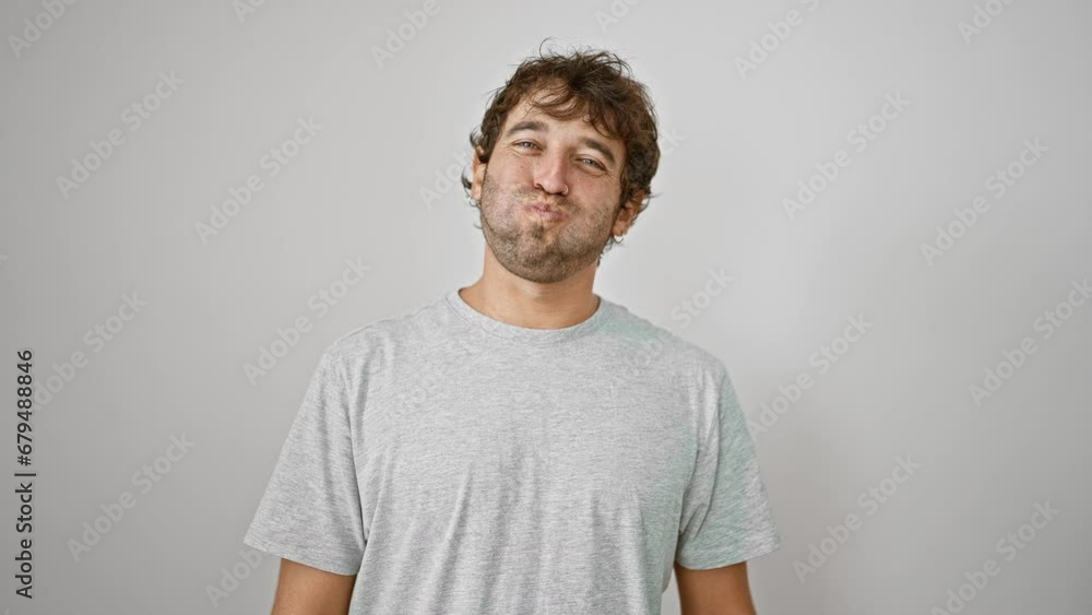 Cheeky young guy in a t-shirt making a hilarious grimace, puffing ...
