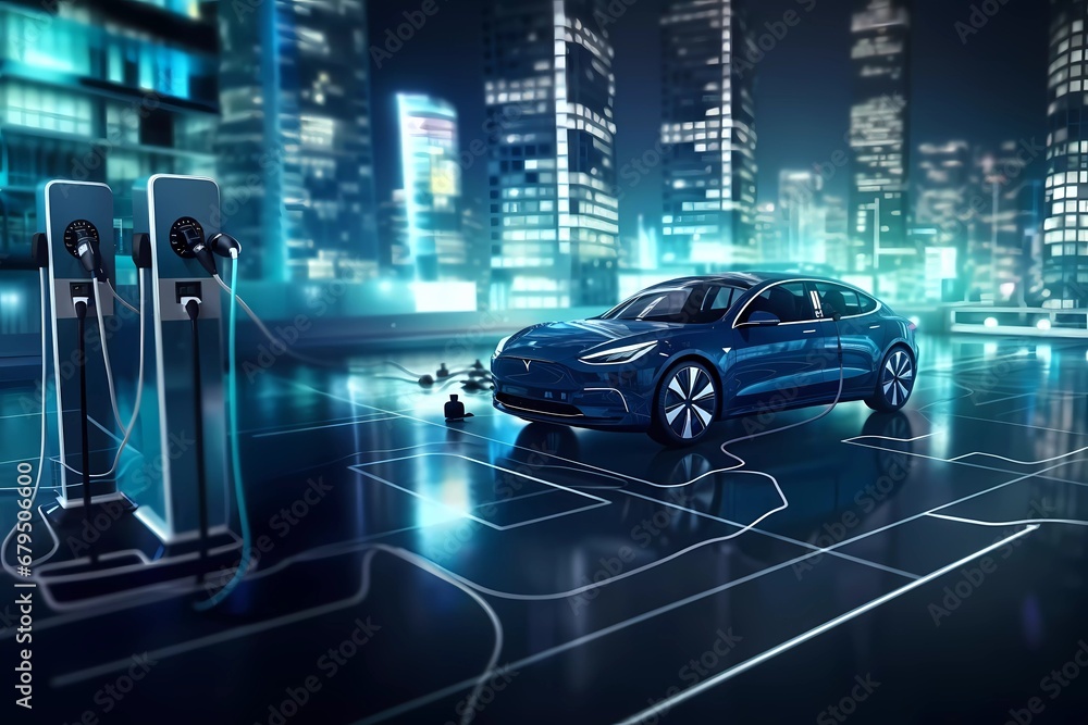 illustration of an electric car driver inserting an electrical ...