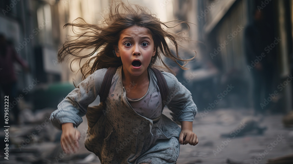 Scared terrified Innocent young girl running away from an airstrike ...