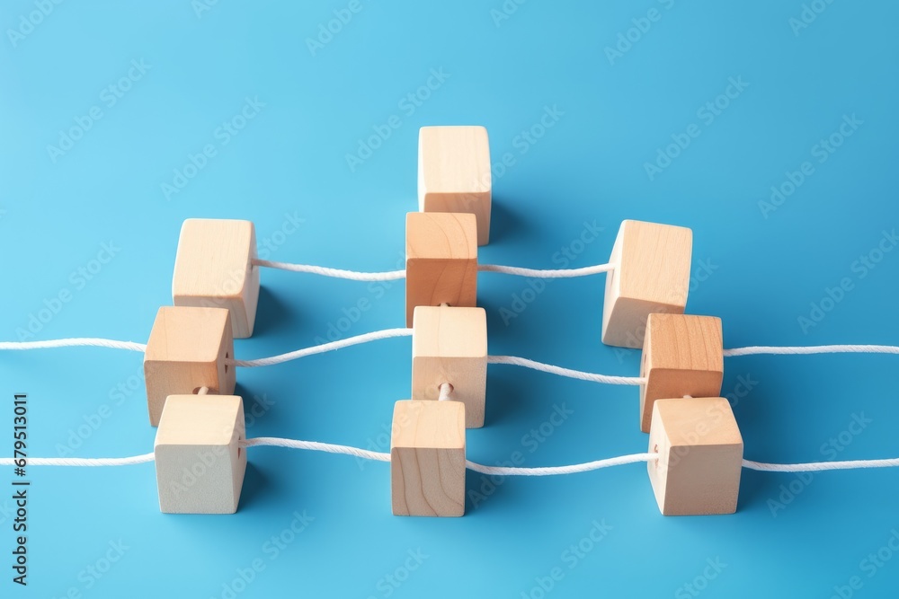 Wooden blocks connected together on a blue background. Teamwork concept ...