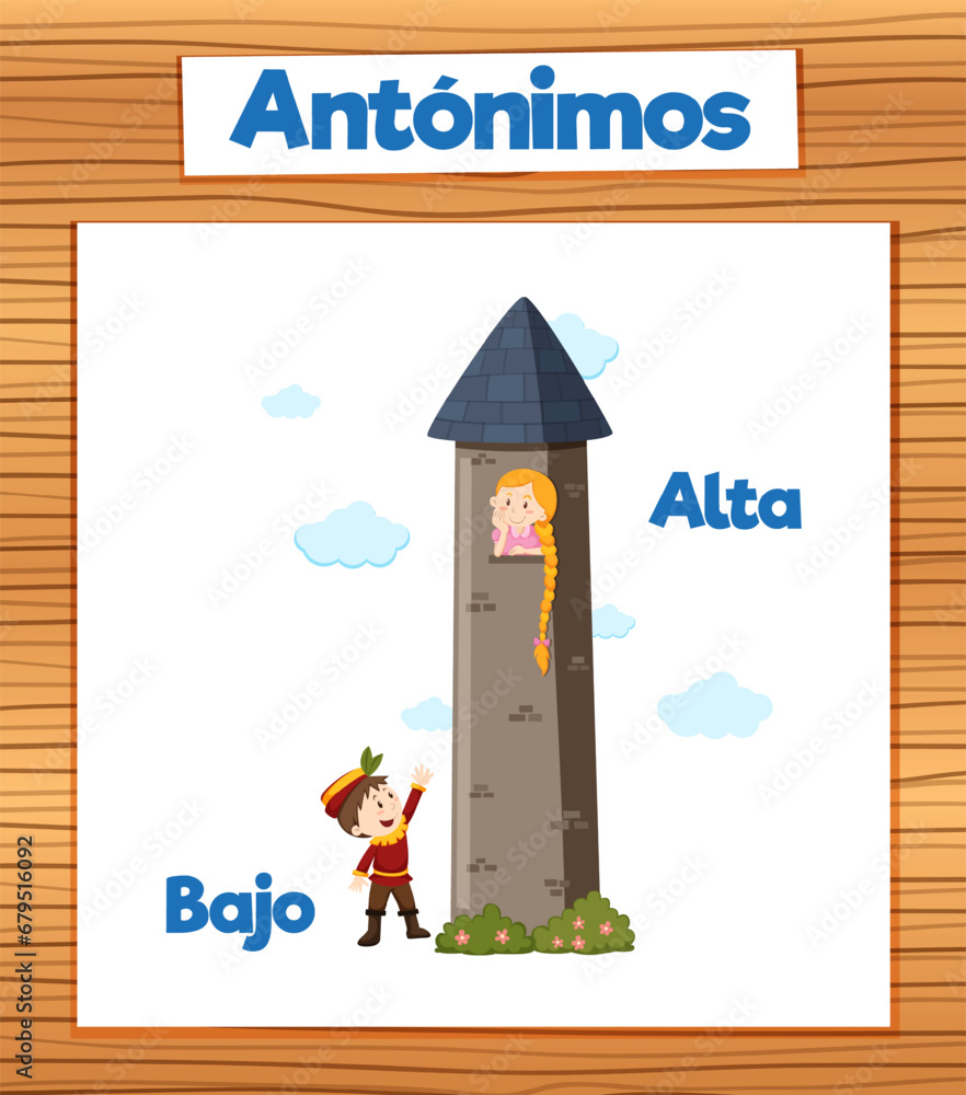 Poster Educational Antonyms: Spanish Picture Word Card of Bajo and Alta ...