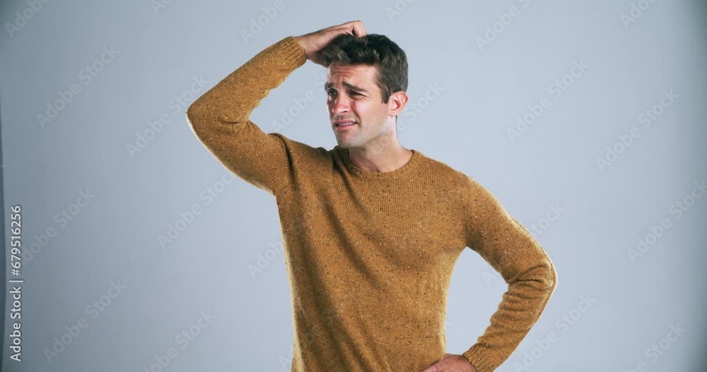 Confused, scratch head and face of man in studio with decision, choice ...