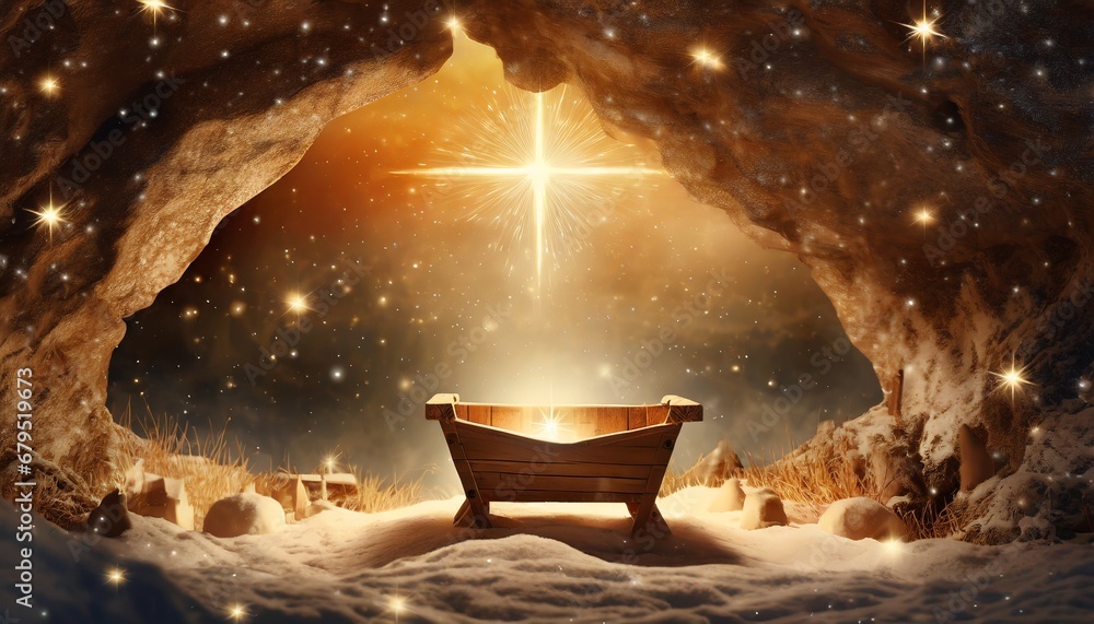 Inside the cave with empty wooden manger. Birth of Jesus Christ. Stock ...