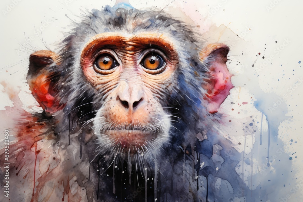 watercolor Monkey illustration with splash watercolor textured ...