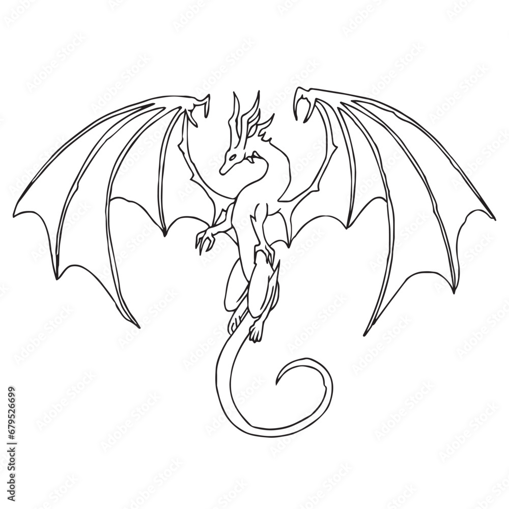 Hand drawing of a winged dragon suspended in the air. Vector ...