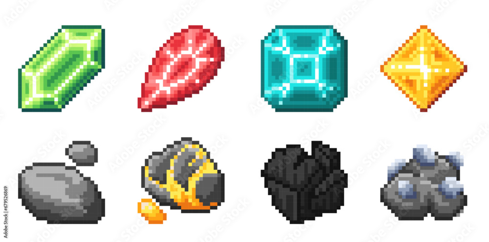 Set of pixel art icons for retro games. Stones and minerals icons. Icon ...