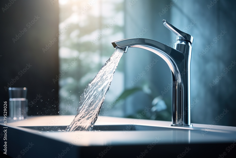 Water streams from a modern faucet into a white sink against a dark ...