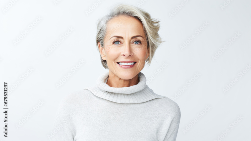 Smiling attractive woman 50s years old look to the camera, isolated on ...