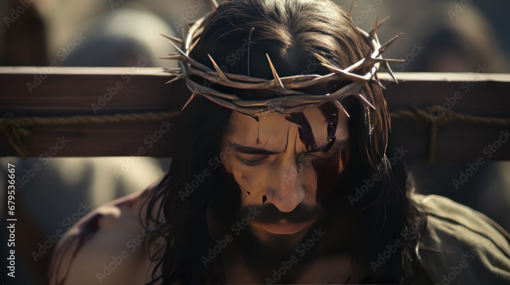 Jesus experiences pain while wearing crown of thorns. Jesus led to ...